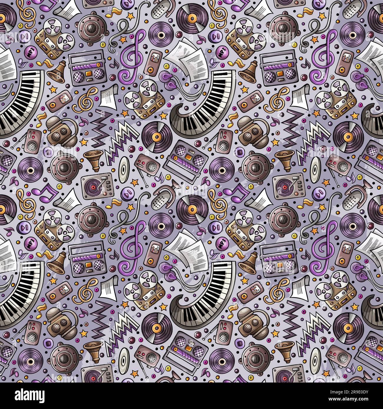 Cartoon musical instruments seamless pattern. Lots of music symbols ...