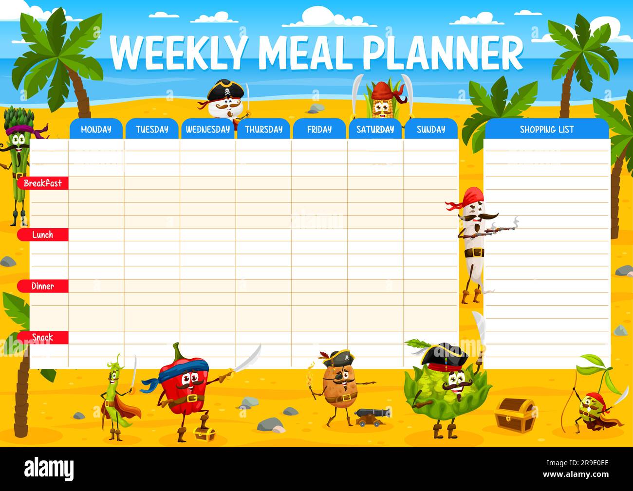 Weekly meal planner. Cartoon vegetable pirates and corsairs characters ...