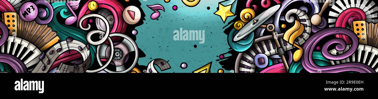 Music hand drawn doodle banner. Cartoon vector detailed flyer ...