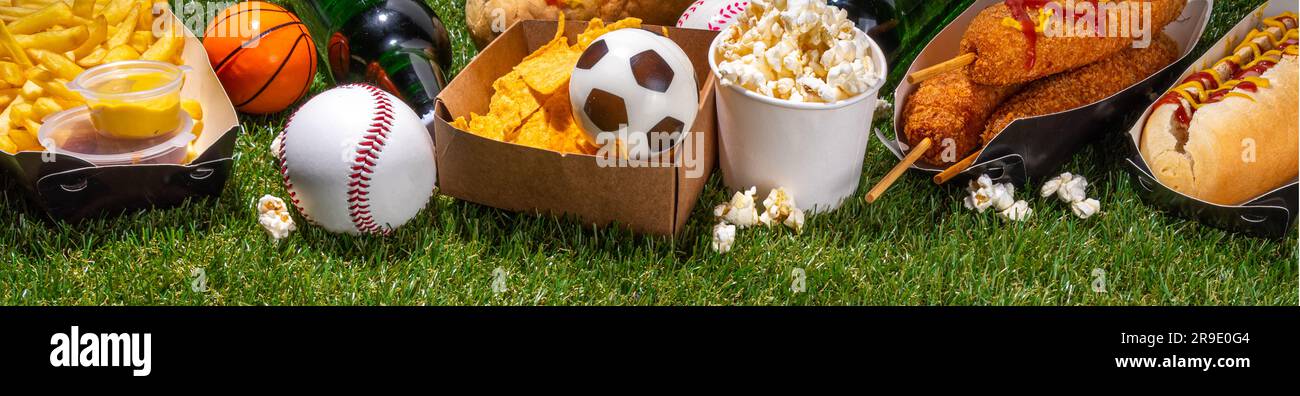 Traditional sport stadium foods and beer background, Set of various ...