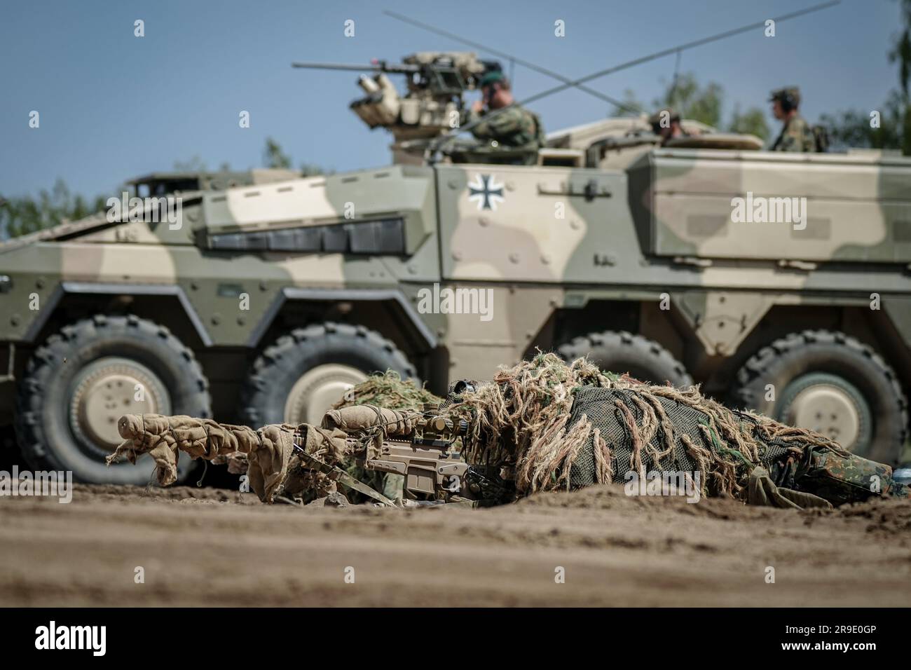 Vilnius, Lithuania. 26th June, 2023. The armored boxer stands next to ...