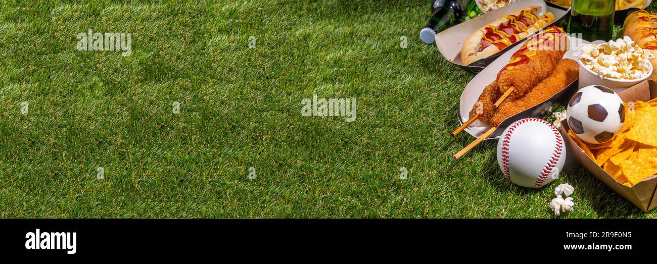 Traditional sport stadium foods and beer background, Set of various ...