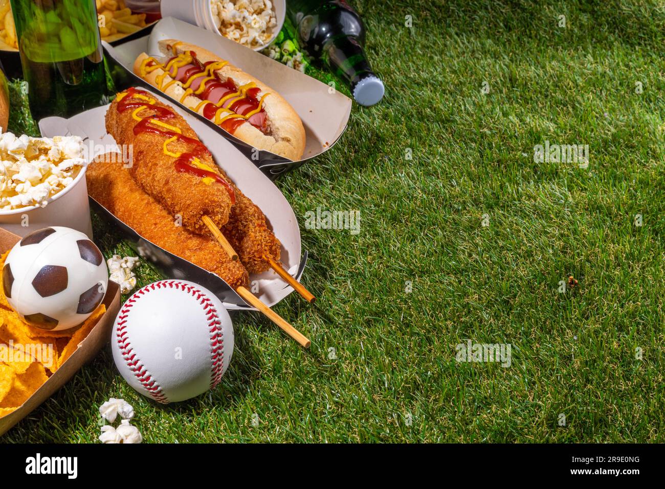 Traditional sport stadium foods and beer background, Set of various ...