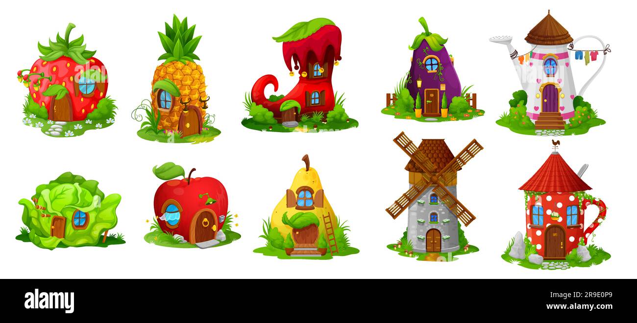 Fairytale houses and dwellings. Cartoon vector fairy, dwarf or gnome ...