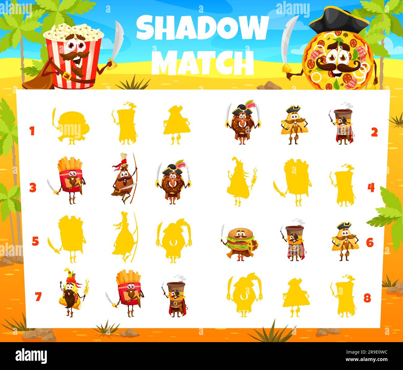 Shadow match game cartoon pirates and captain fastfood characters on ...