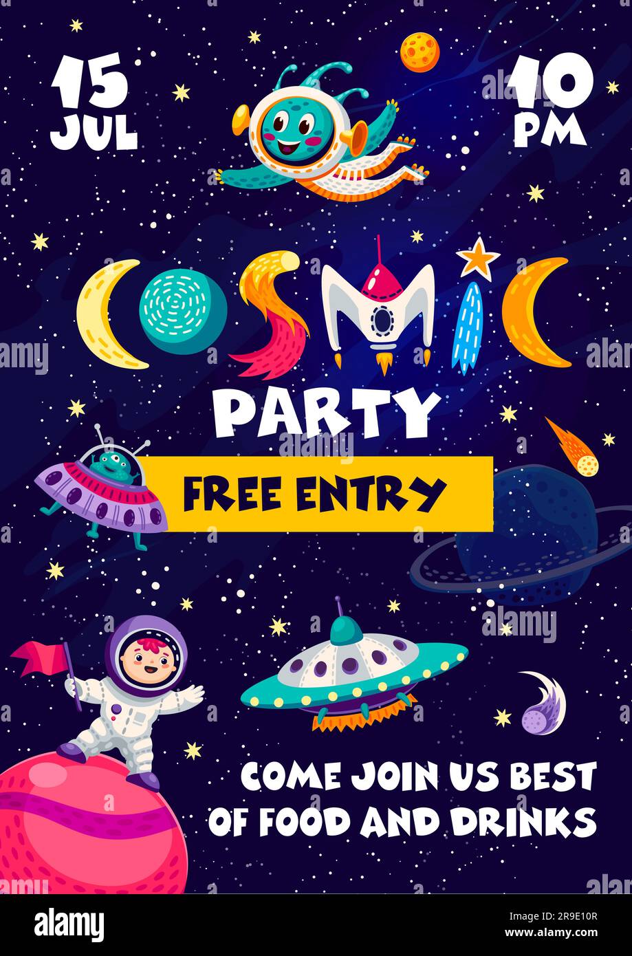 Cosmic party flyer. Cartoon funny space characters and starry galaxy ...