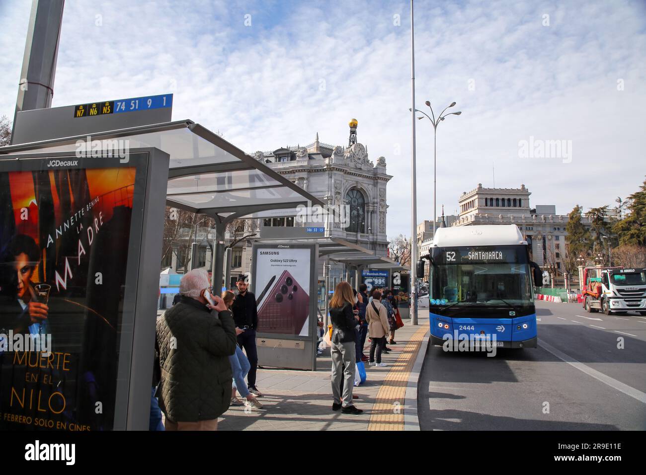 Madrid, Spain - FEB 16, 2022: People waiting for public buses at the ...