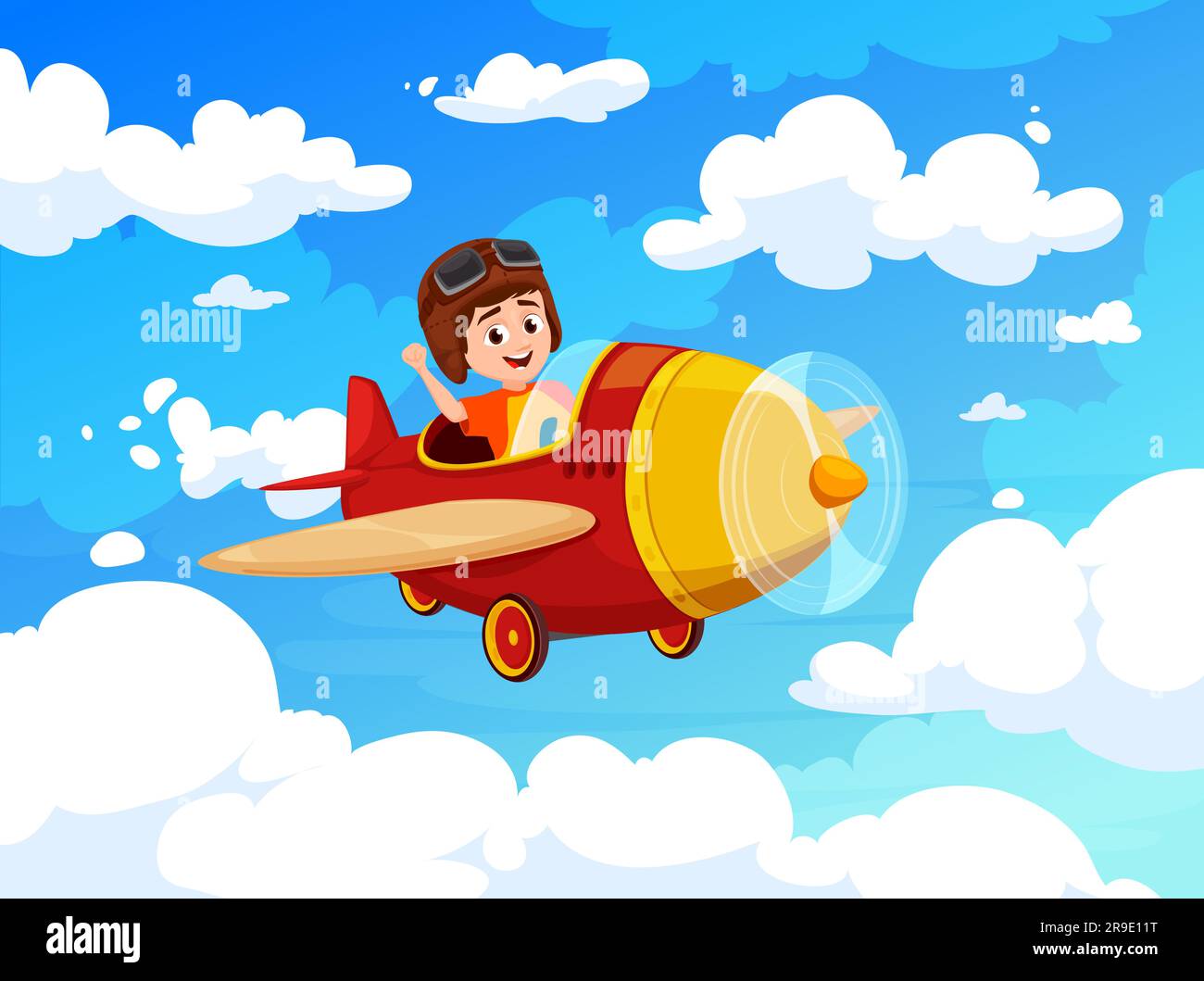 Kid flying on plane in blue cloudy sky. Cartoon child pilot on airplane ...