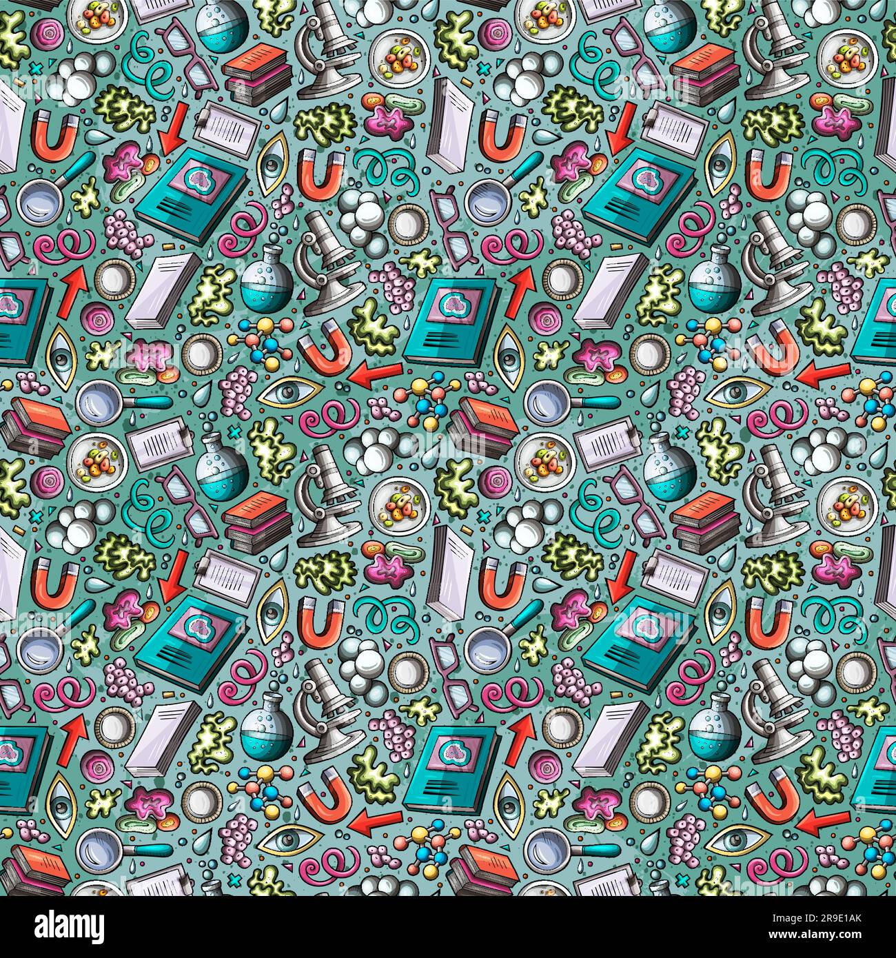 Cartoon cute Science seamless pattern. Colorful detailed, with lots of ...