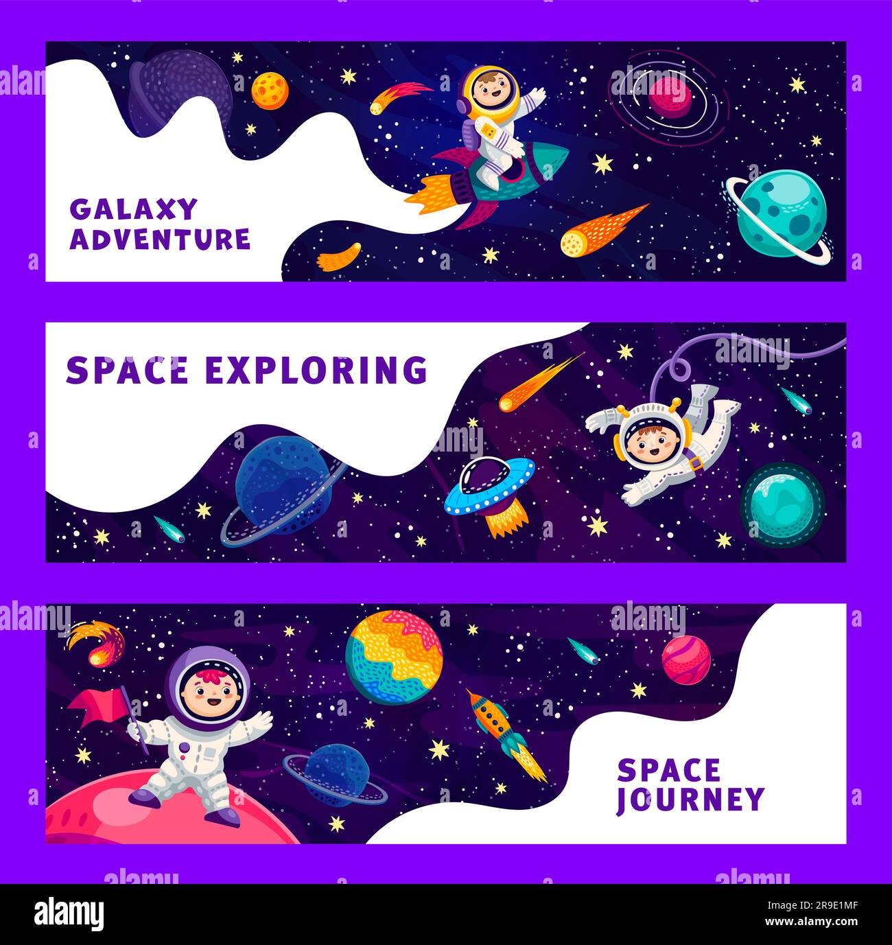 Cartoon space banners. Funny astronauts and space galaxy landscape ...