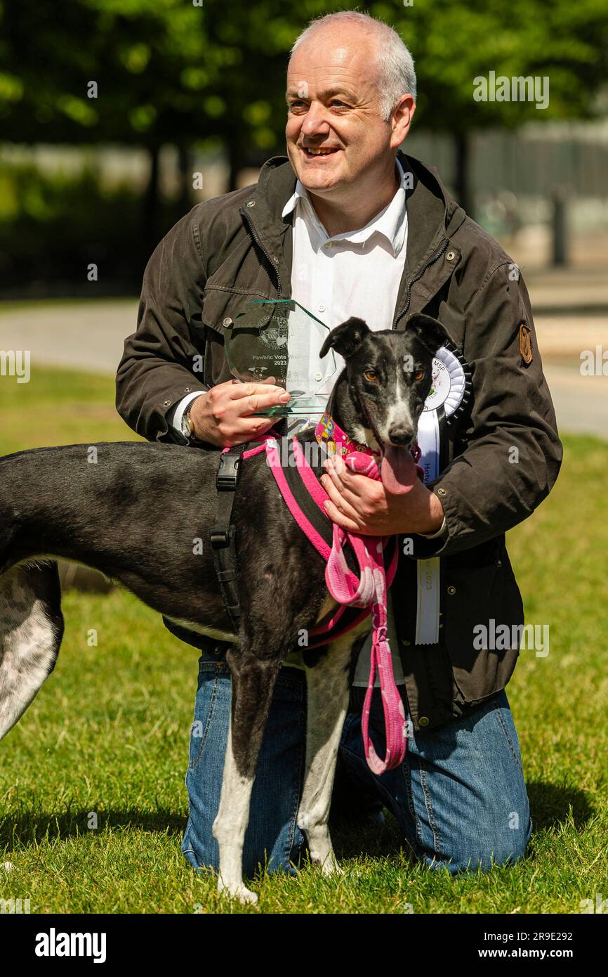 EDITORIAL USE ONLY Joy, the Greyhound, with Mark Ruskell MSP is ...