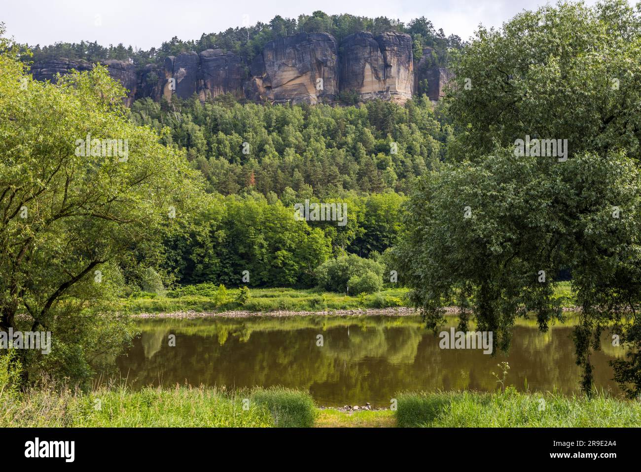 Elbe near Krippen with Elbe sandstone formations. Bad Schandau, Germany ...