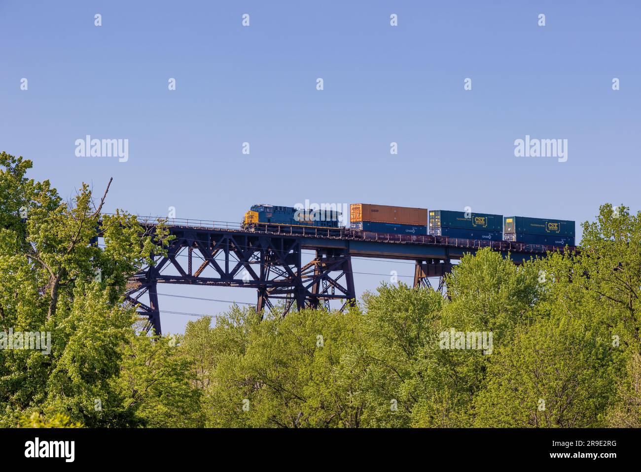 Cleveland, Ohio, USA - May 17, 2023: Train crossing the Erie Canal ...