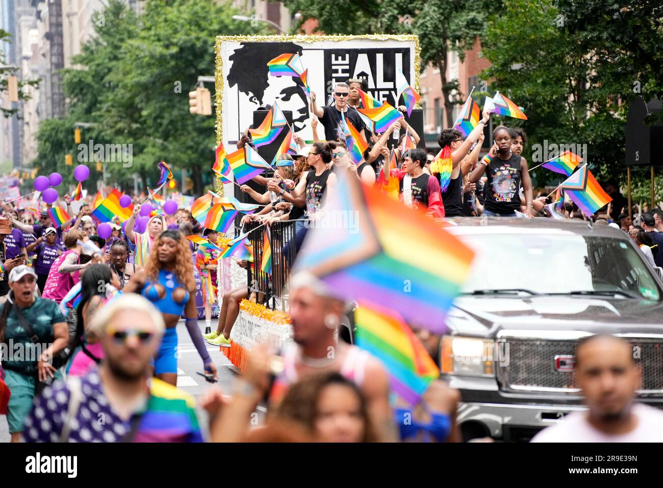 A float sponsor by the Ali Forney Center rides in the NYC Pride March ...