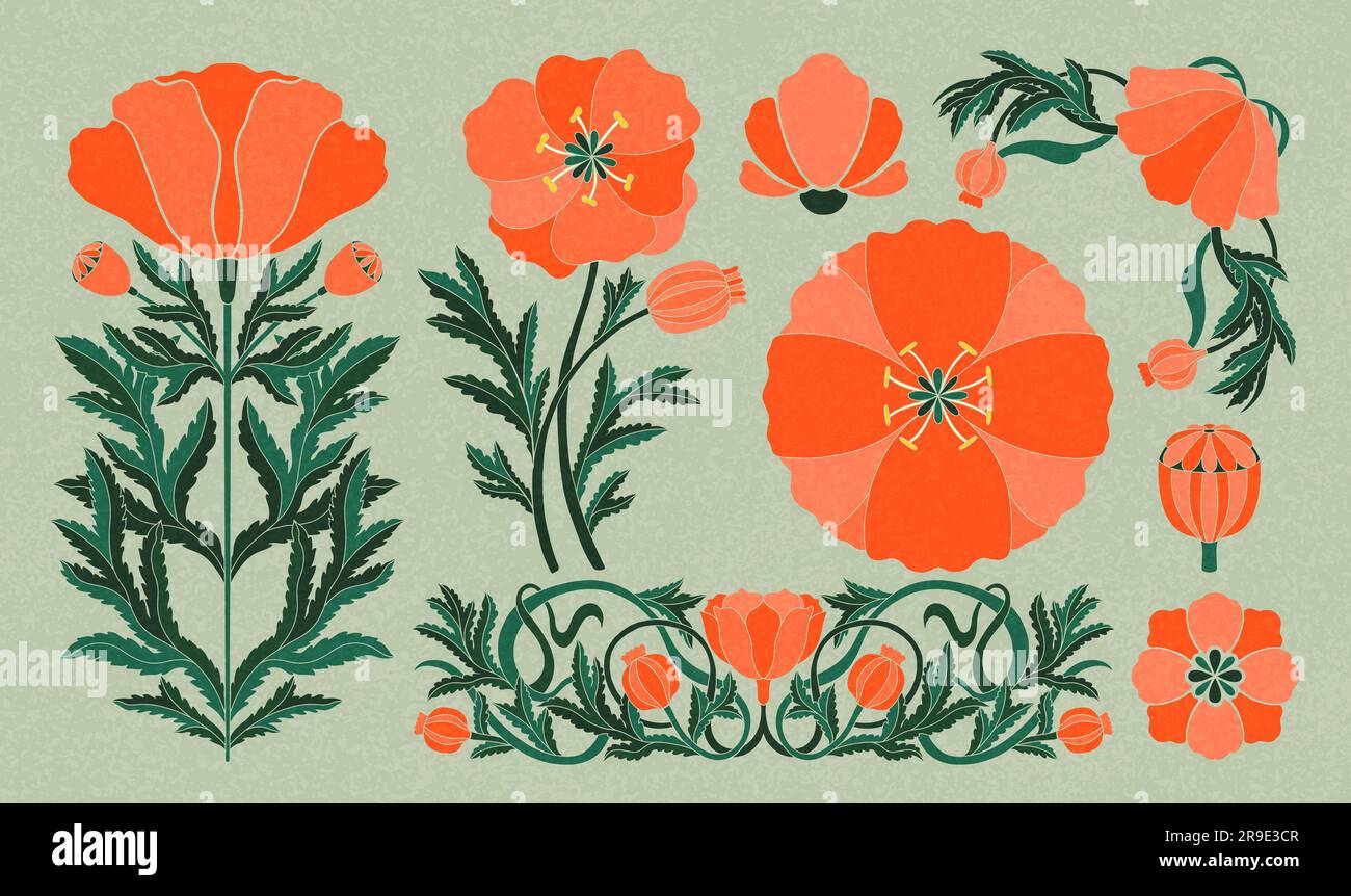Floral poppy plant in art nouveau 1920-1930. Hand drawn in a linear ...