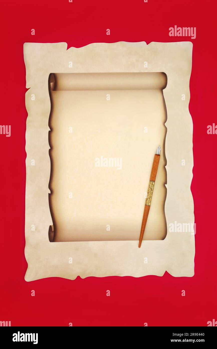 Retro writing equipment with nib pen and parchment paper scroll on red ...