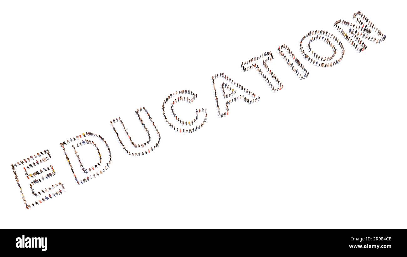 Conceptual large community of people forming the word EDUCATION. 3d ...