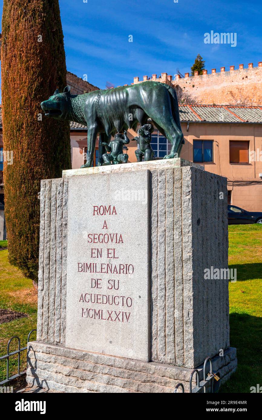 Segovia, Spain-February 18, 2022: The Capitoline Wolf statue under the ...