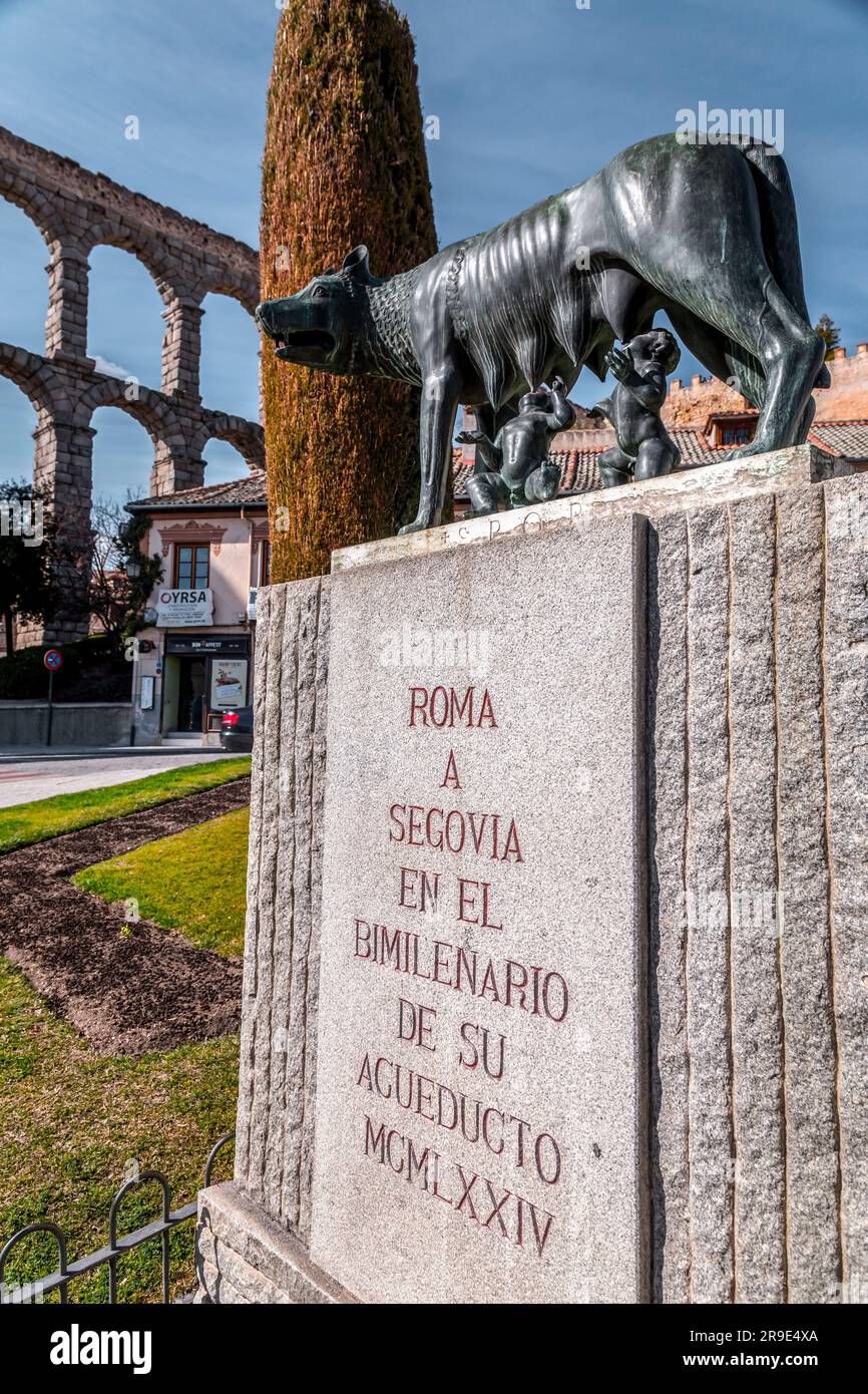 Segovia, Spain-February 18, 2022: The Capitoline Wolf statue under the ...
