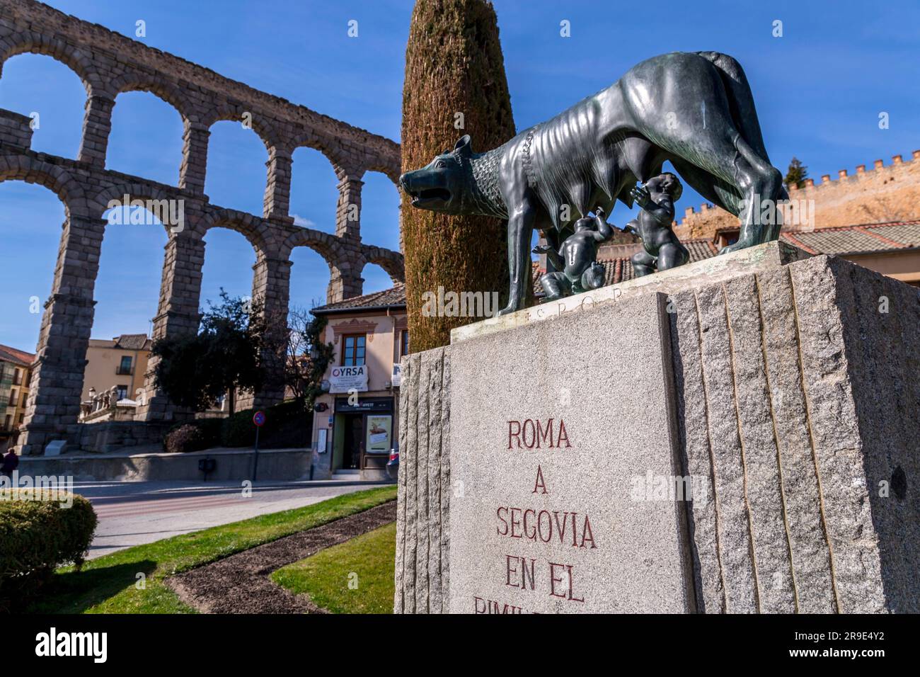 Segovia, Spain-February 18, 2022: The Capitoline Wolf statue under the ...