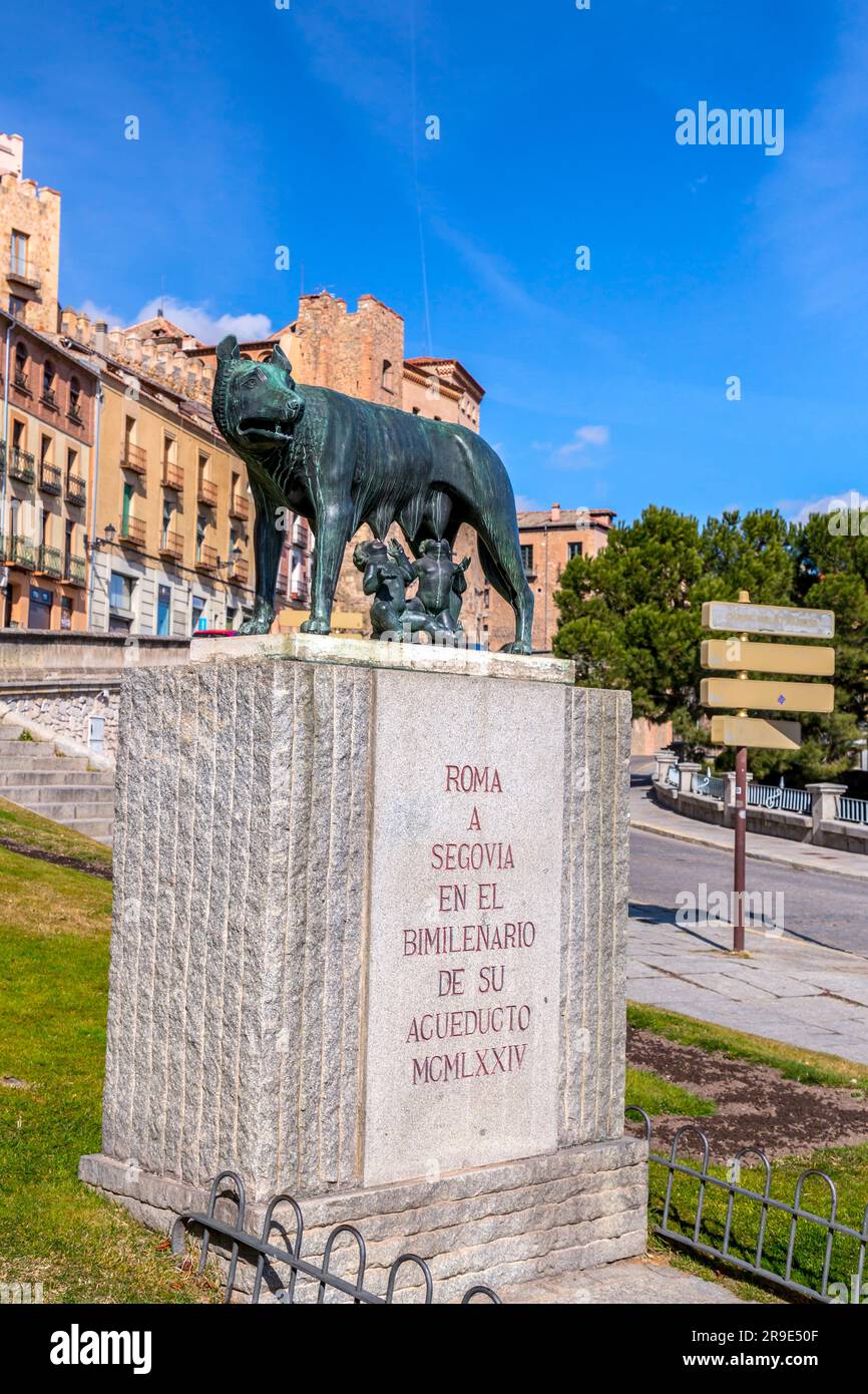 Segovia, Spain-February 18, 2022: The Capitoline Wolf statue under the ...