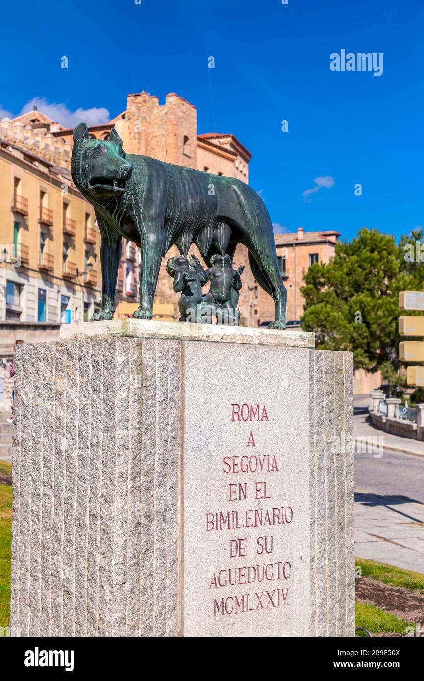 Segovia, Spain-February 18, 2022: The Capitoline Wolf statue under the ...