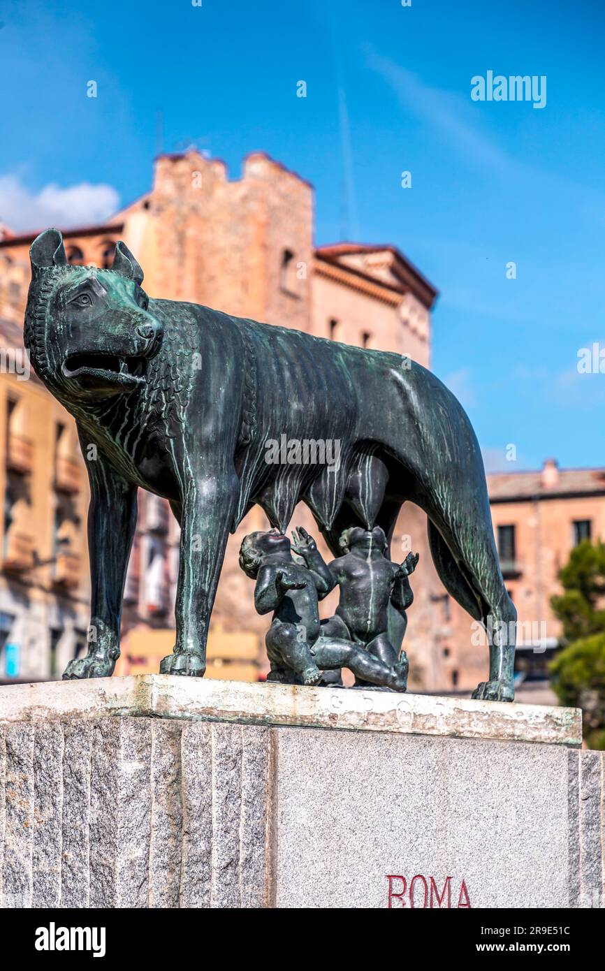 Segovia, Spain-February 18, 2022: The Capitoline Wolf statue under the ...