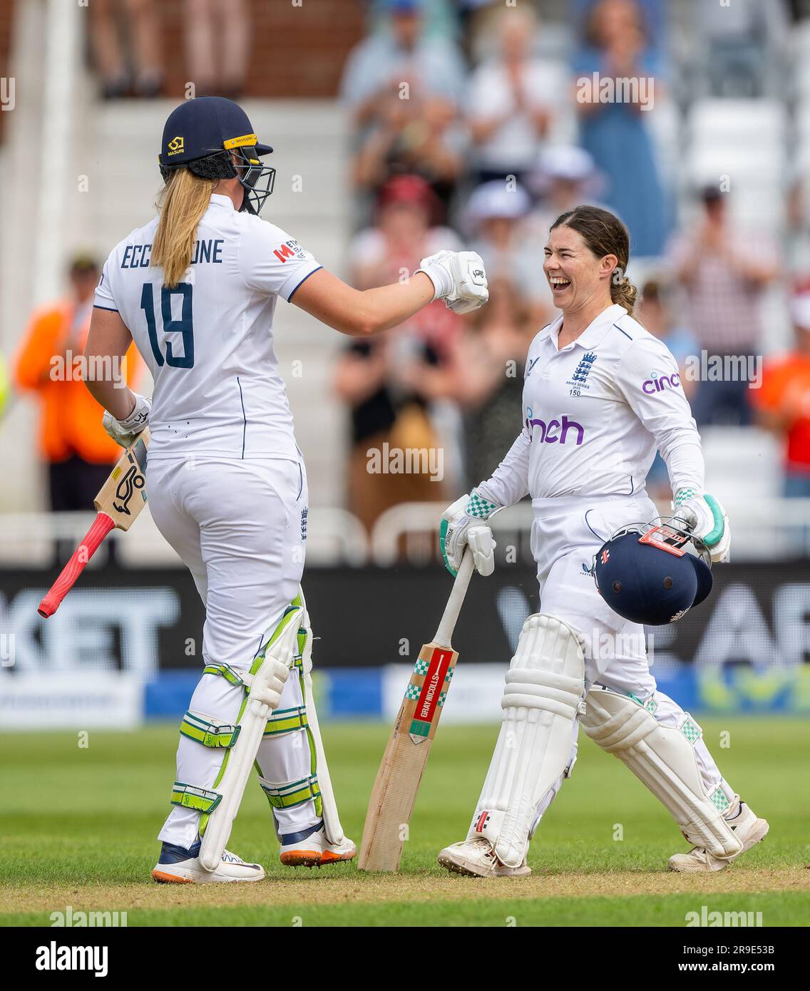 England’s Tammy Beaumont is congratulated by Sophie Ecclestone as she ...