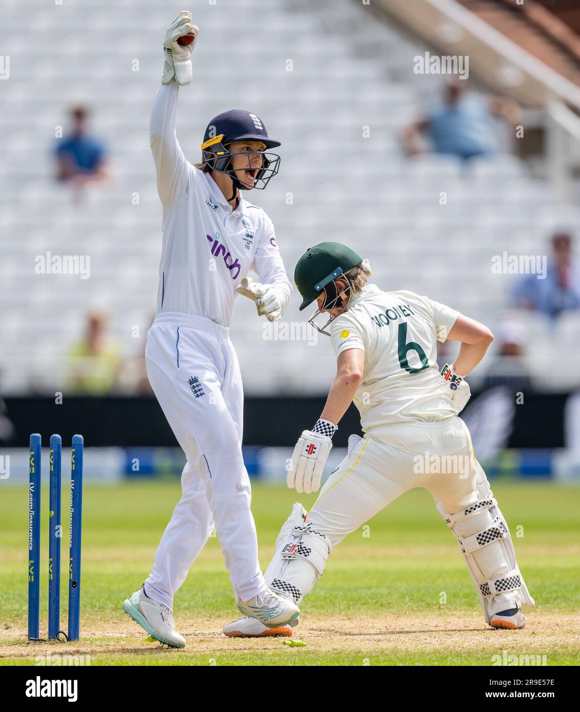 England’s Amy Jones with an unsuccessful appeal of Beth Mooney’s wicket ...