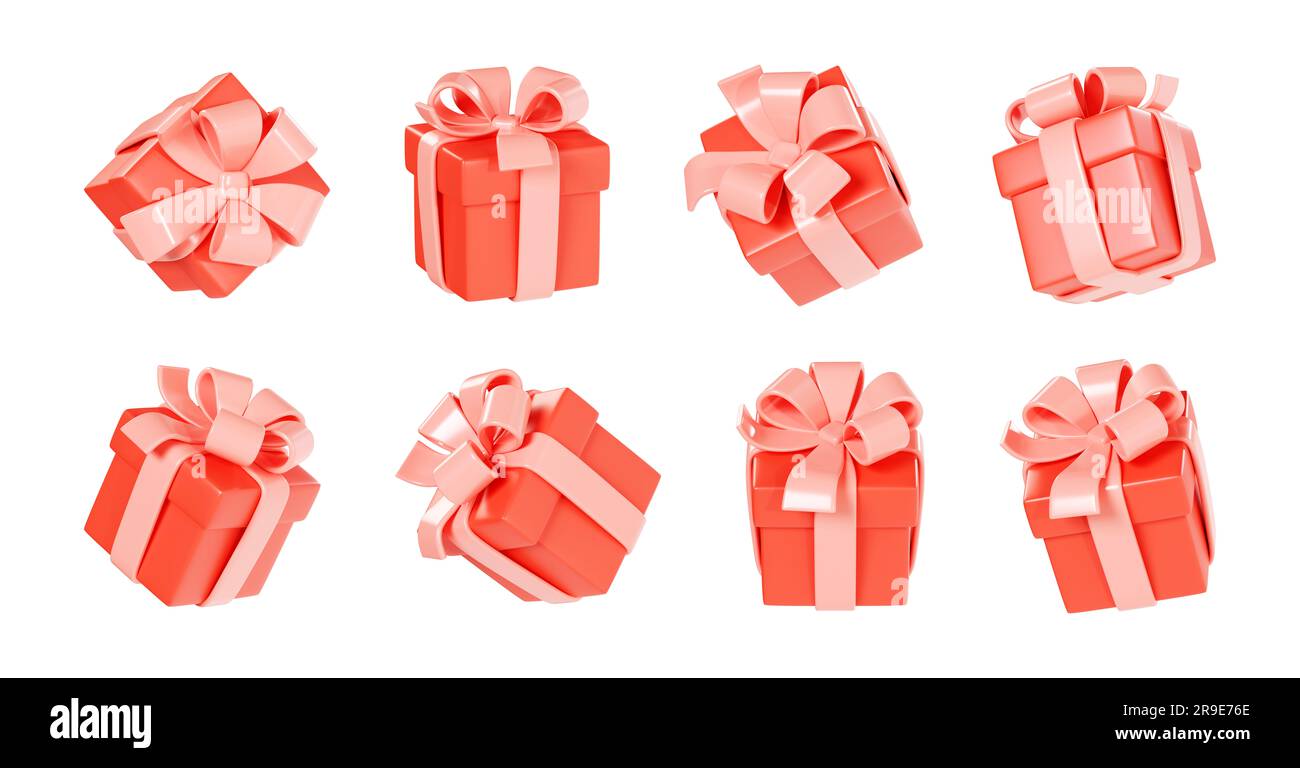 Closed red gift box with pink ribbon and bow 3d render illustration ...