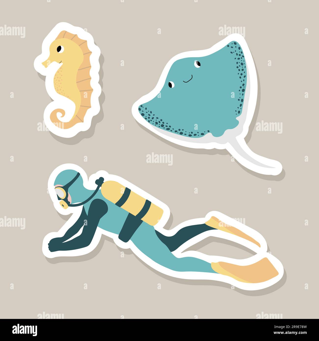 Cute vector stickers set with diver, devilfish, seahorse.Underwater ...