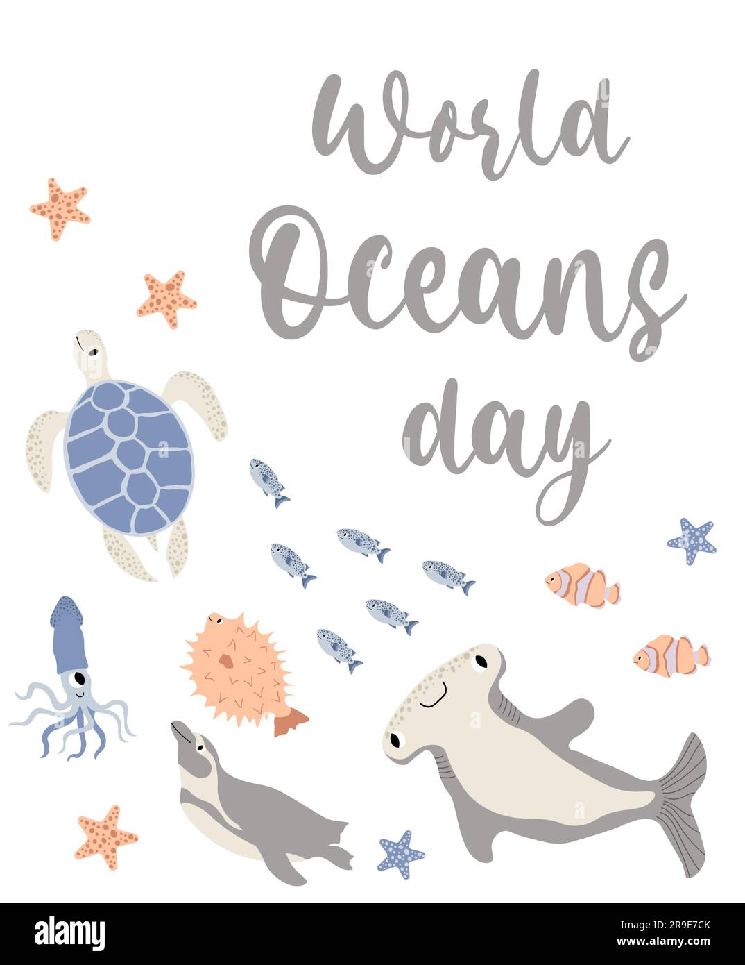 Vector ocean illustration with hammerhead fish,turtle,penguin,squid ...