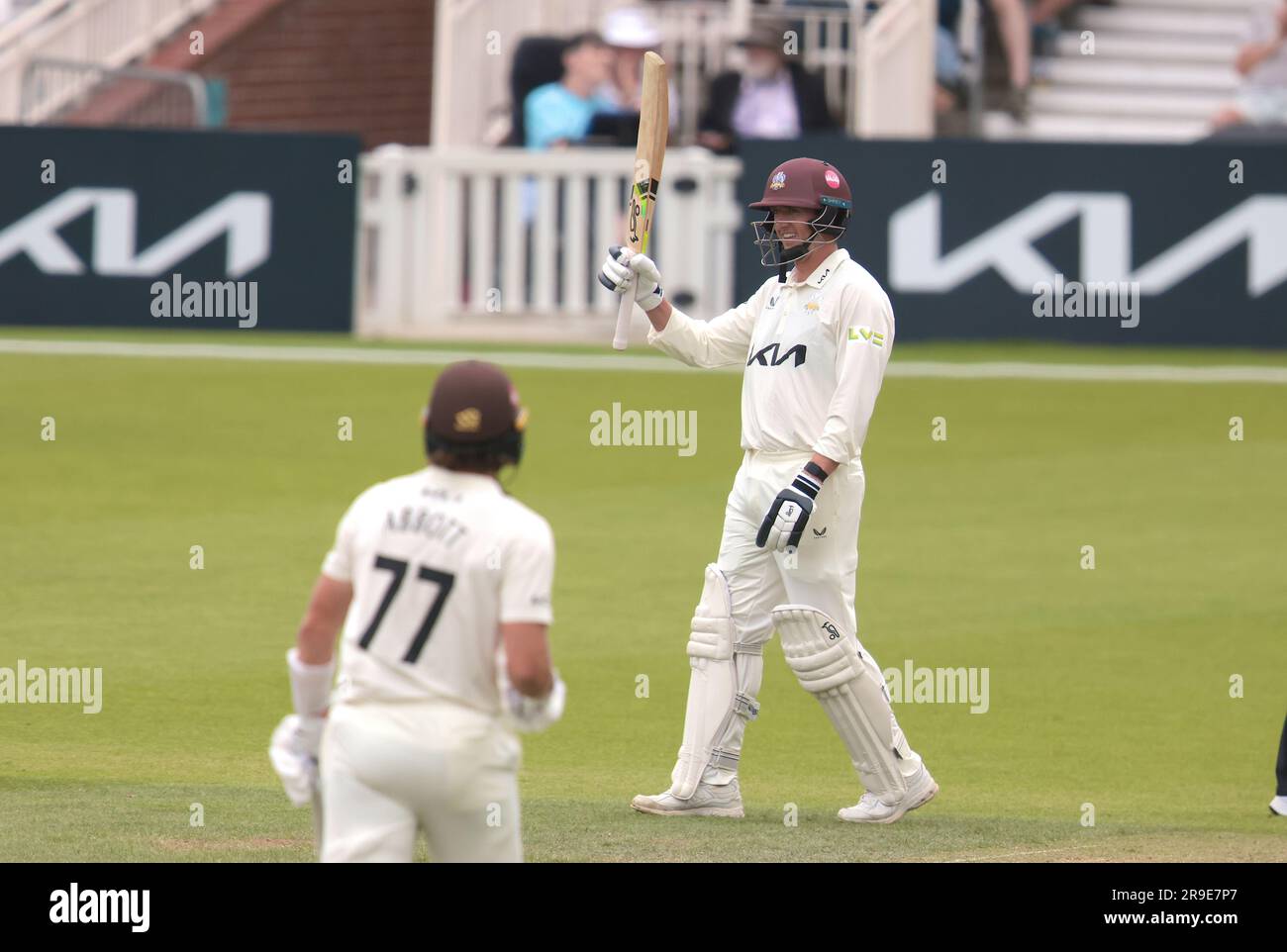 London, UK. 26th June, 2023. Surrey's Dan Worrall gets his fifty as ...