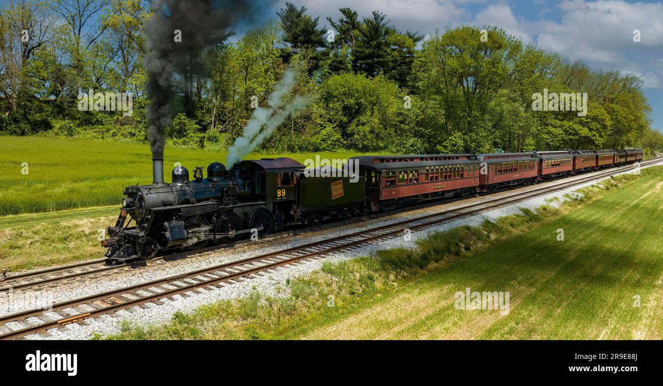 An Aerial View from the Side of An Antique Steam Locomotive and ...