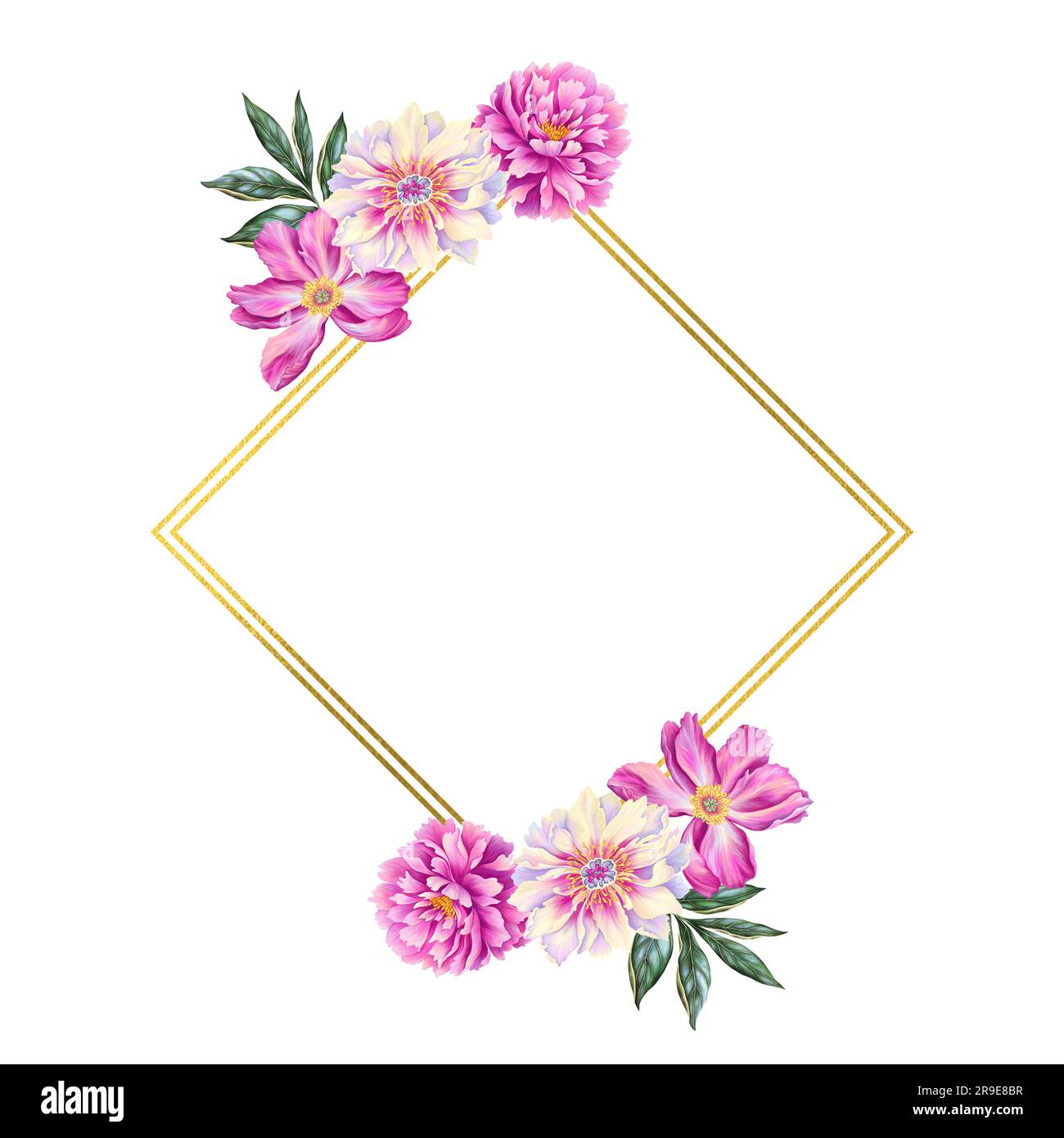 Template for text with beautiful peony. Frame or border with pink ...
