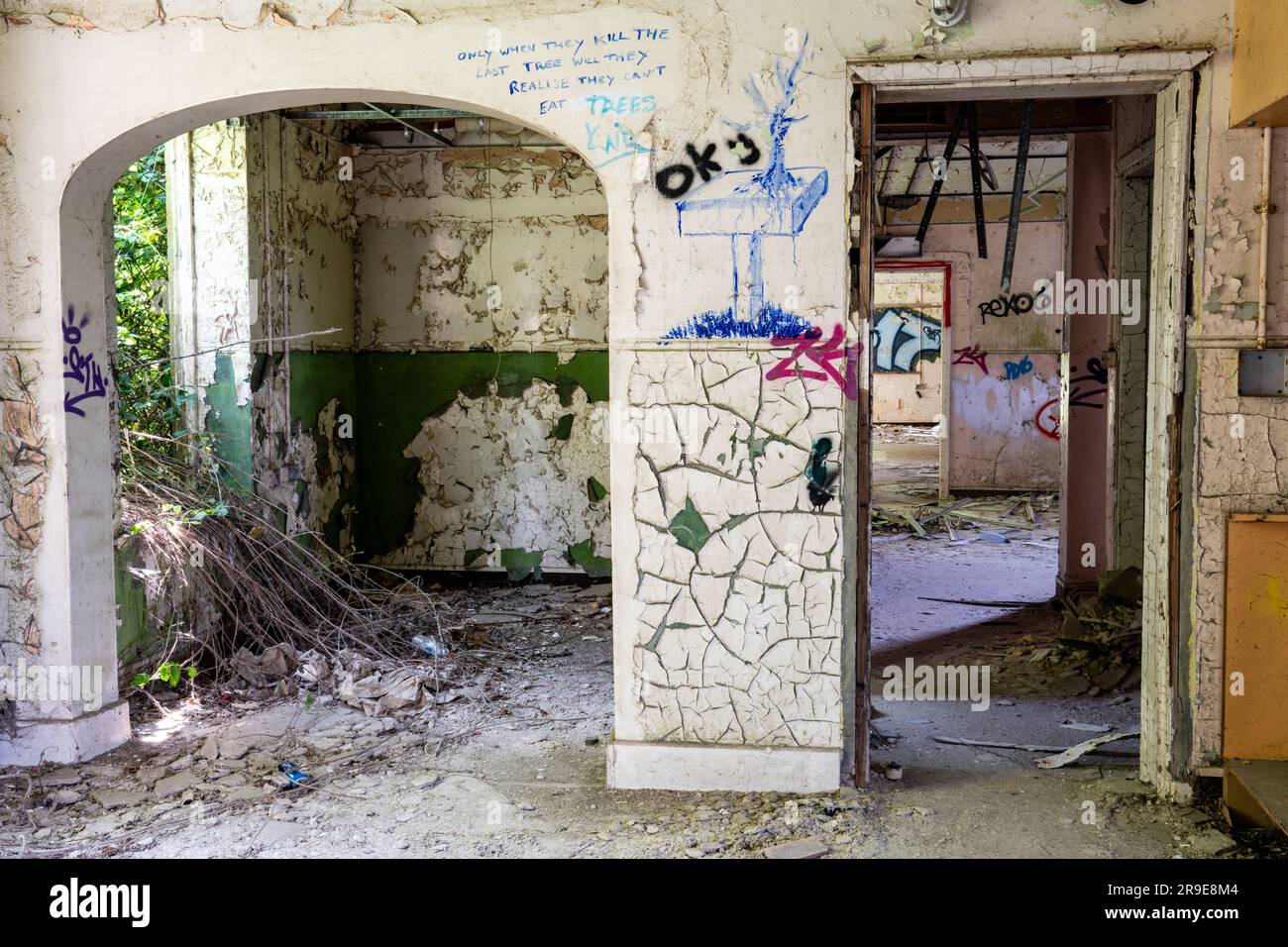 Interior of shared community space in living quarters of abandoned ...