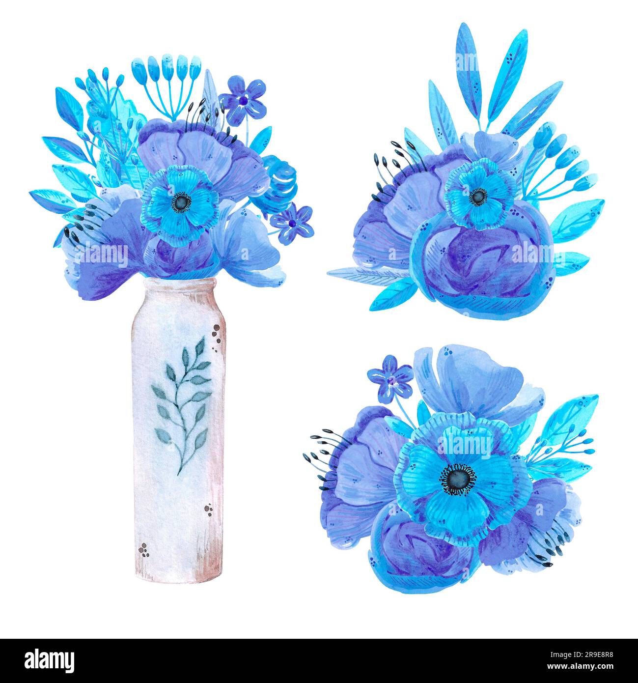Hand drawn watercolor blue flowers and leaves bouquet in a vase ...