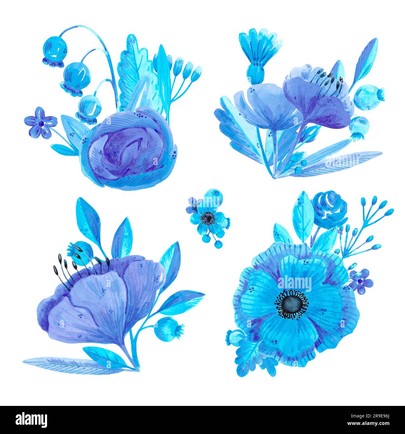 Hand drawn watercolor blue flowers and leaves composition. Isolated on ...