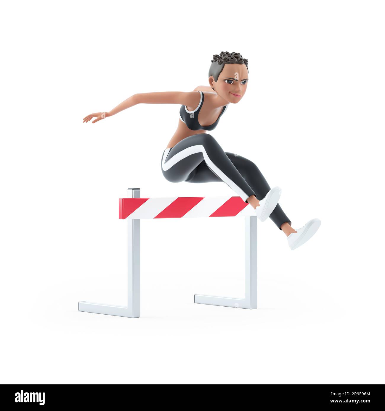 3d sporty character woman jumping over hurdle, illustration isolated on ...