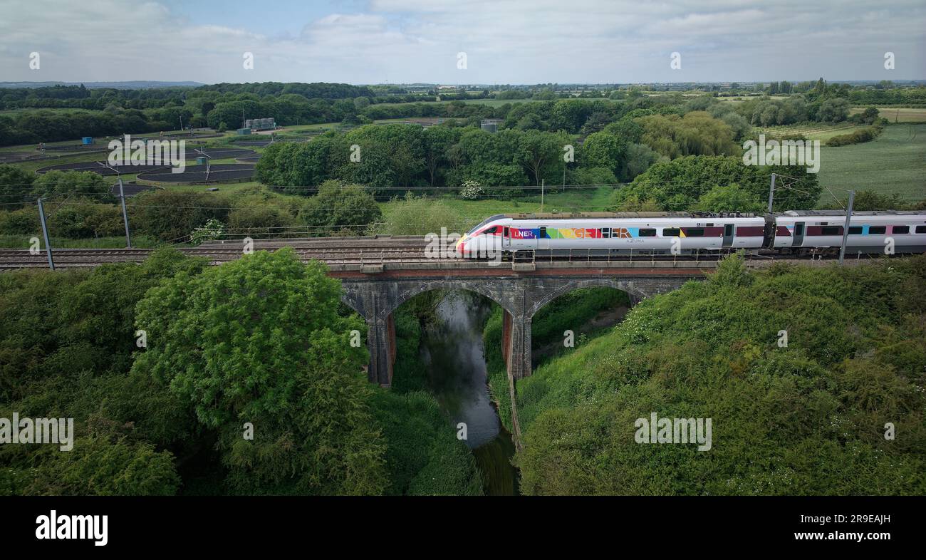 Lner Pride Livery Azuma Train Number 801226 Crossing The River Witham At Marston Lincolnshire