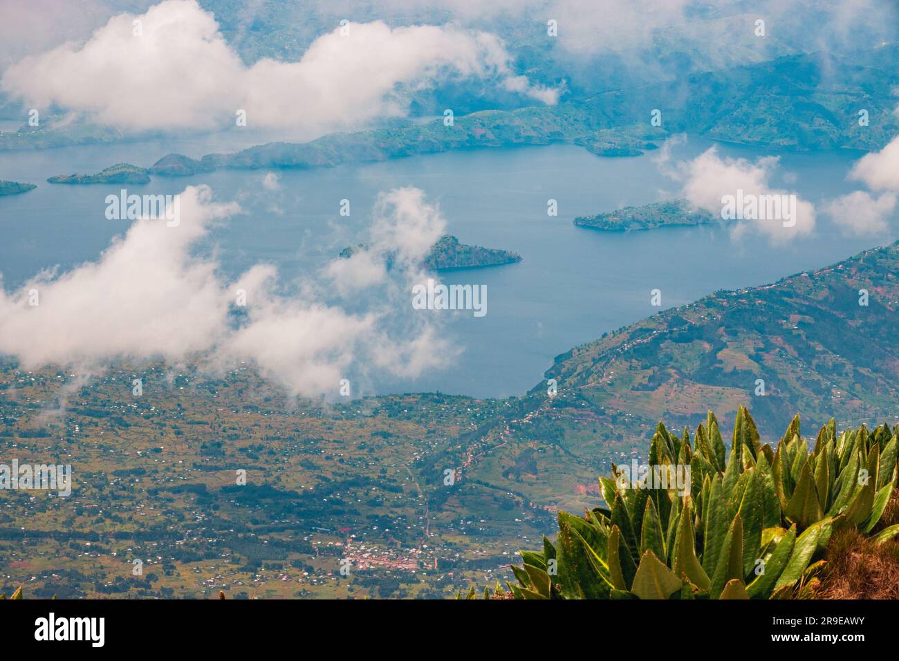 Aerial view of Lake Burera in Rwanda seen from Mount Muhabura in ...