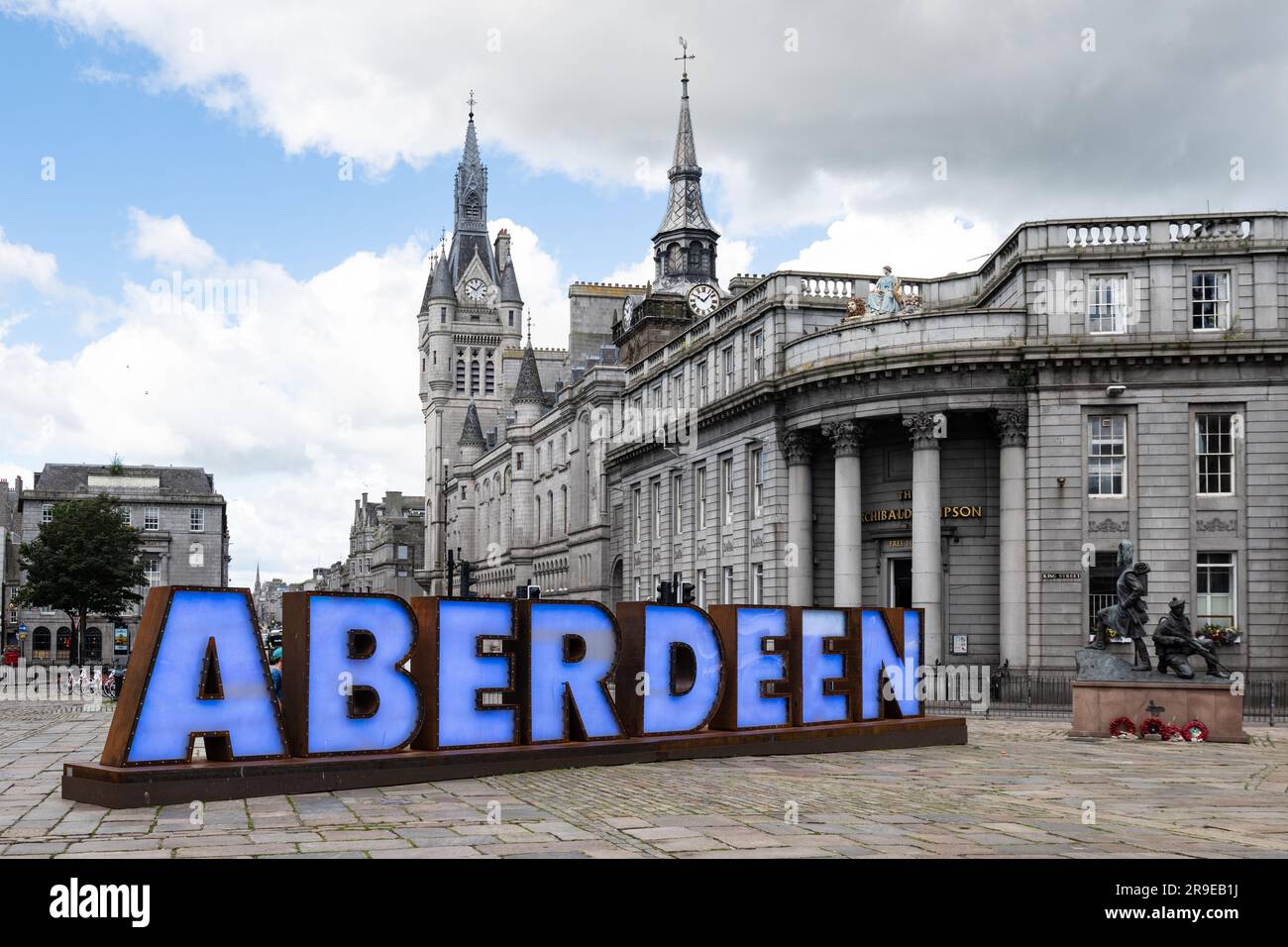 Aberdeen Scotland UK - city centre illuminated tourist sign on ...