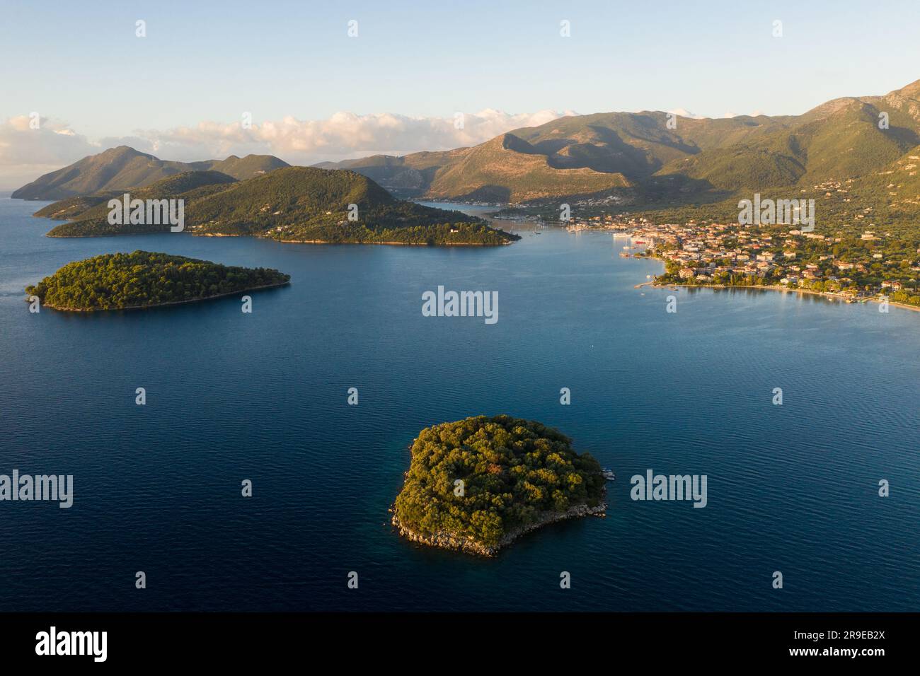 An aerial view of Lefkada, Greece, during sunrise. The Ionian island ...