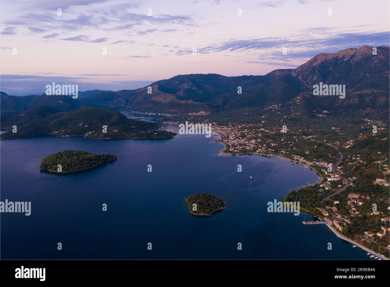 An aerial view of Lefkada, Greece, during sunrise. The Ionian island ...