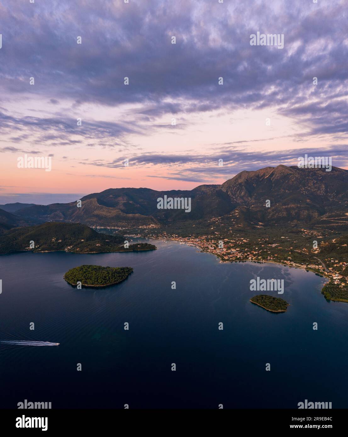 An aerial view of Lefkada, Greece, during sunrise. The Ionian island ...