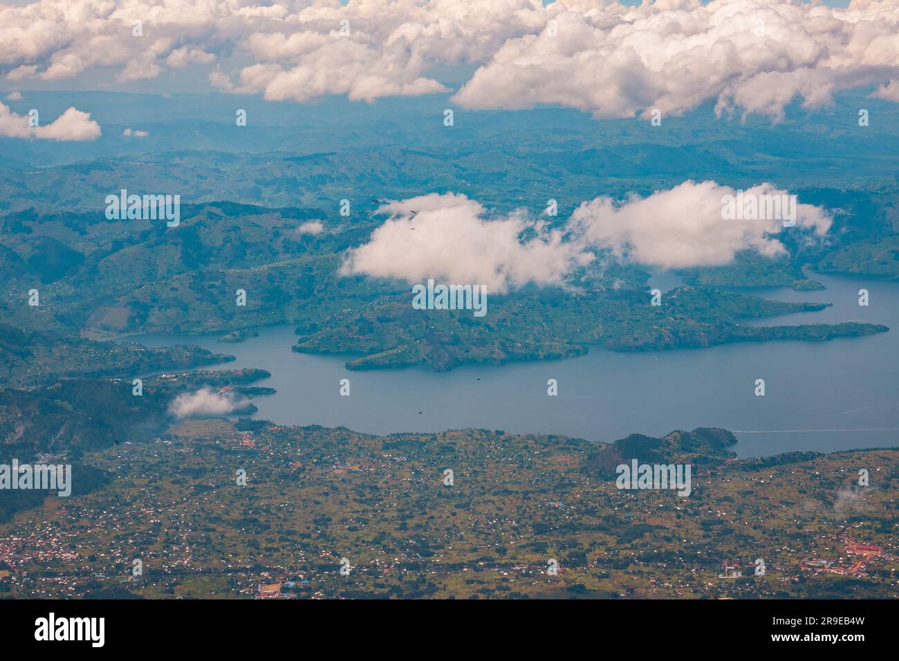 Aerial view of Lake Burera in Rwanda seen from Mount Muhabura in ...