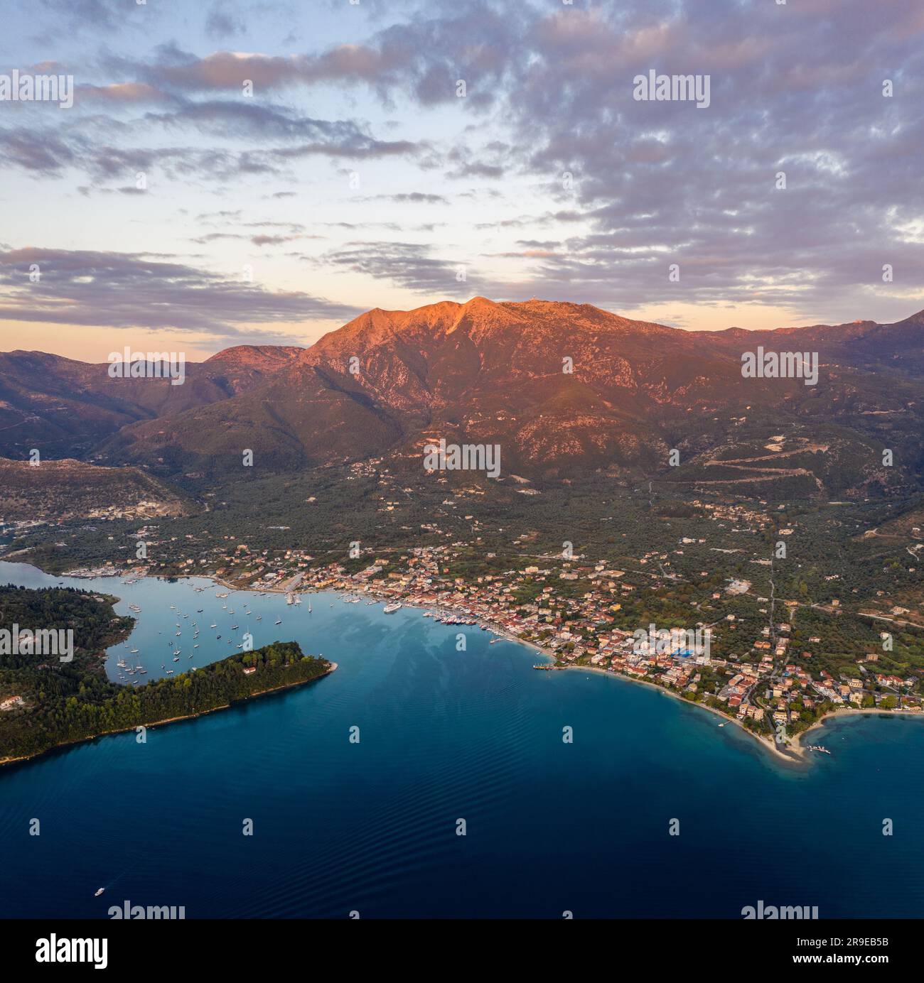 An aerial view of Lefkada, Greece, during sunrise. The Ionian island ...