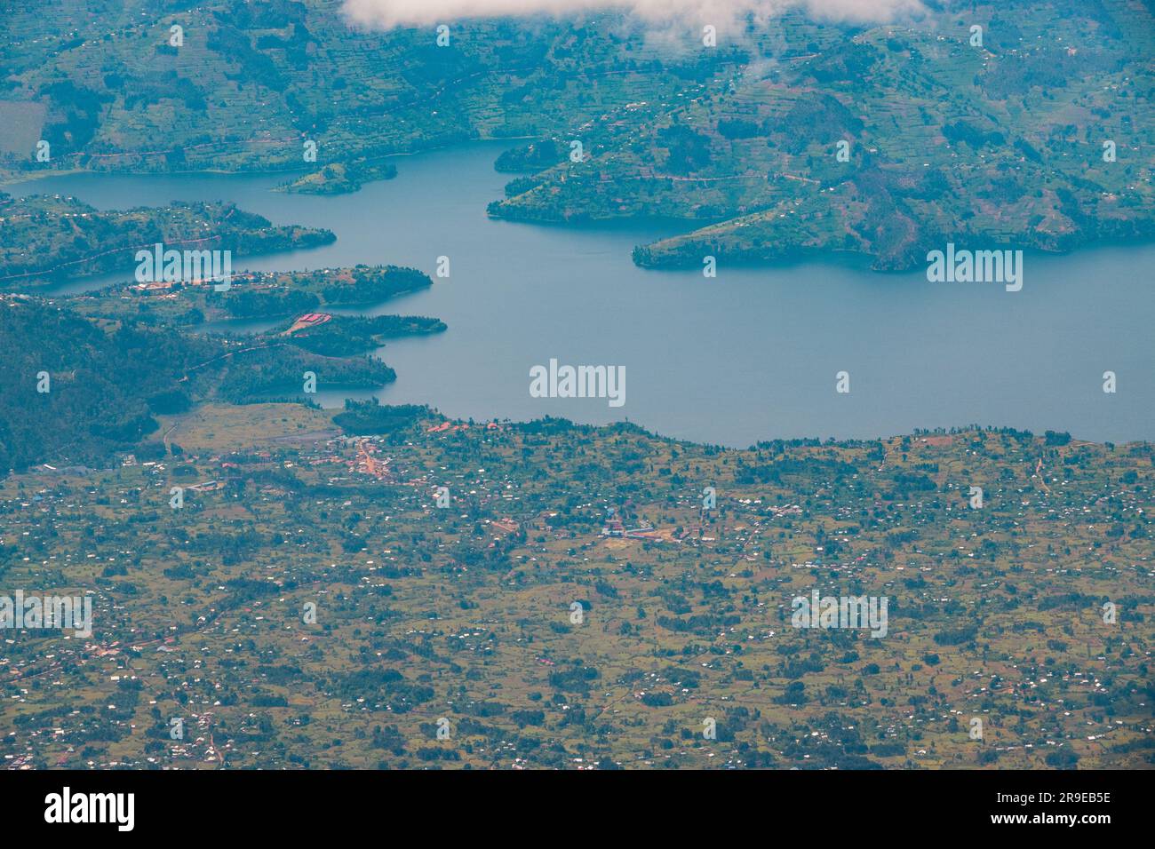 Aerial view of Lake Burera in Rwanda seen from Mount Muhabura in ...