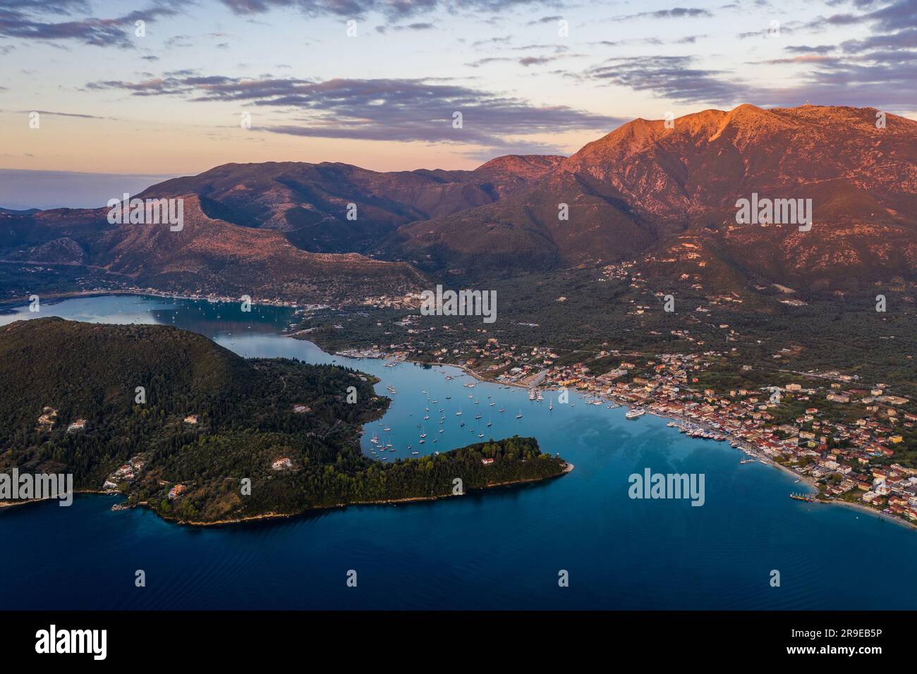 An aerial view of Lefkada, Greece, during sunrise. The Ionian island ...