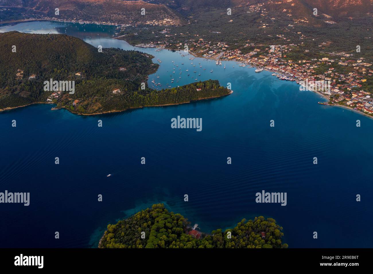 An aerial view of Lefkada, Greece, during sunrise. The Ionian island ...